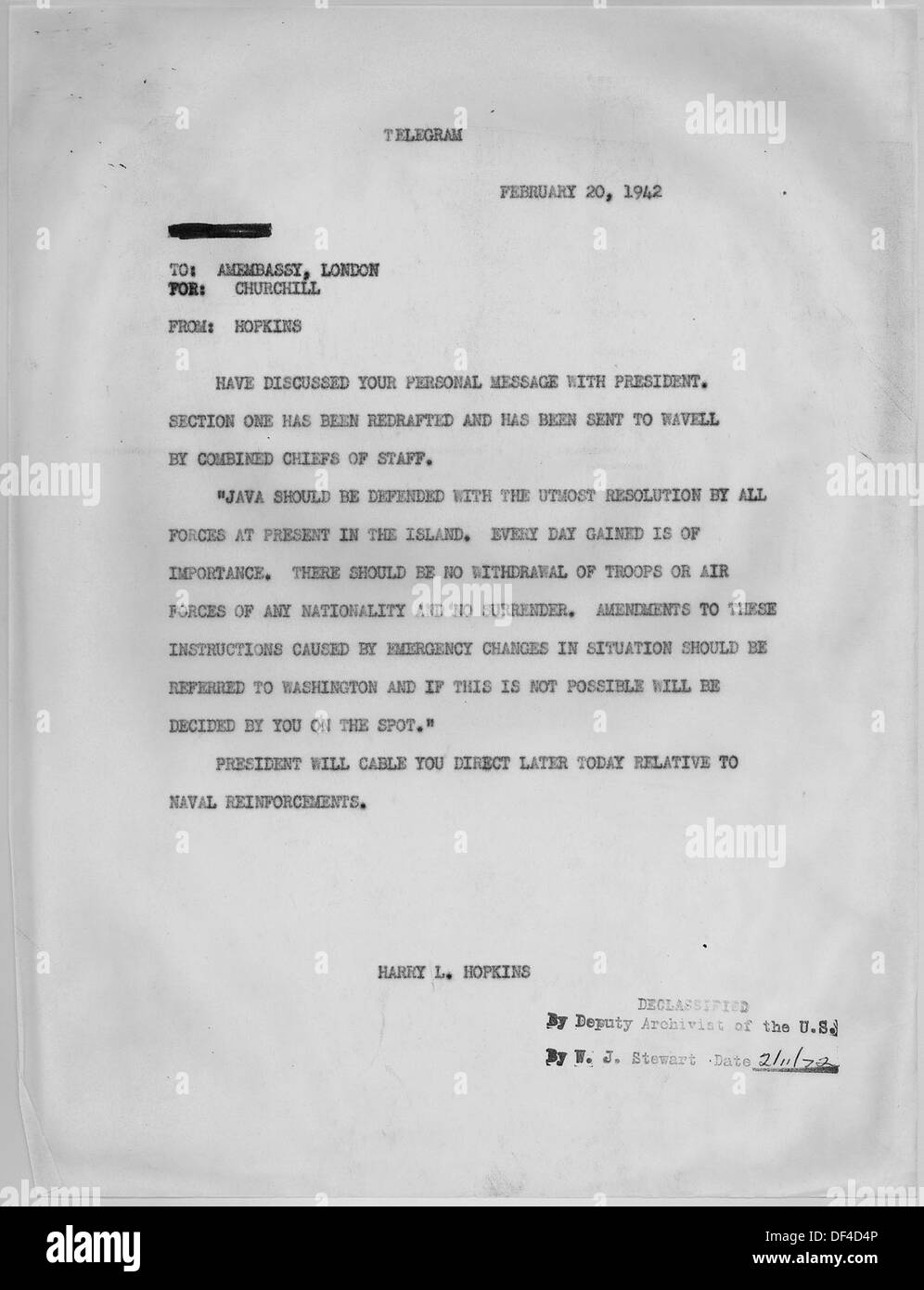 A historical letter from Harry Hopkins to Winston Churchill, discussing ...