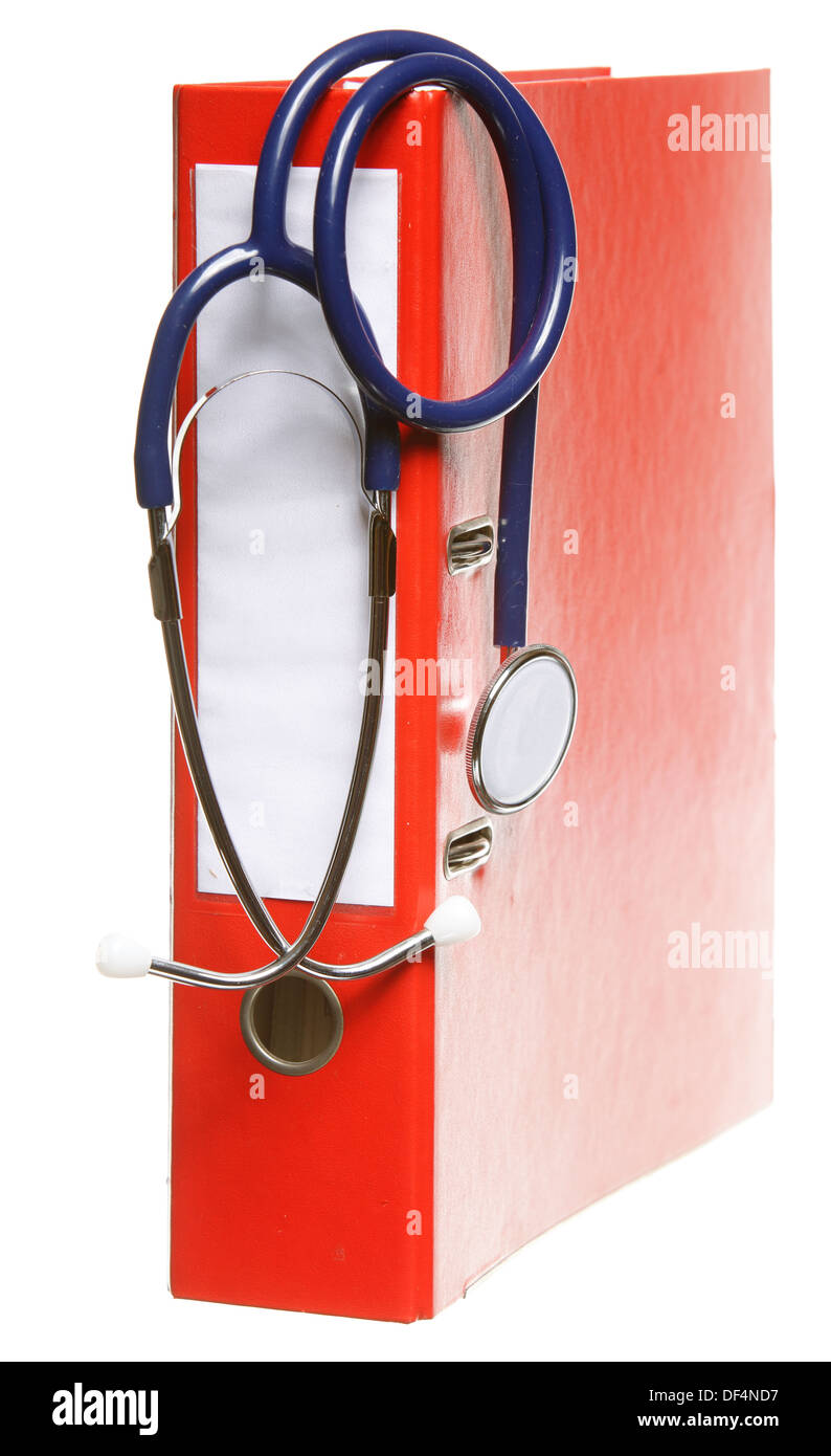 Healthcare, blue stethoscope and red file folder isolated on white ...