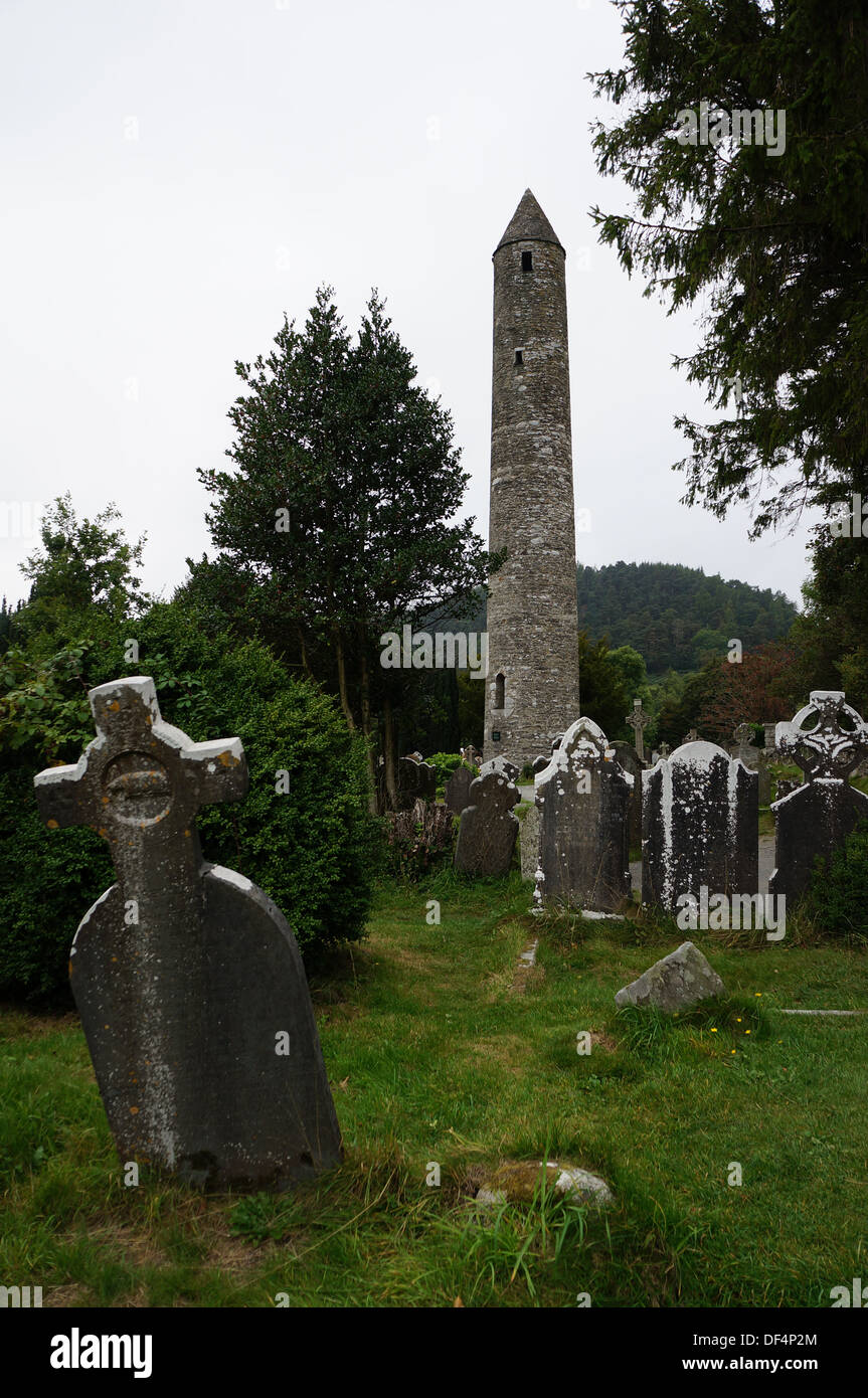 The ancient round tower in Glendalough, part of Wicklow National Park ...