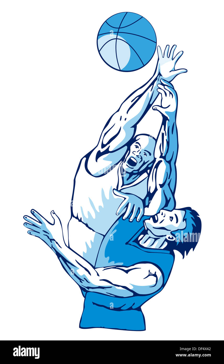 Illustration of basketball players rebounding for ball in retro style ...