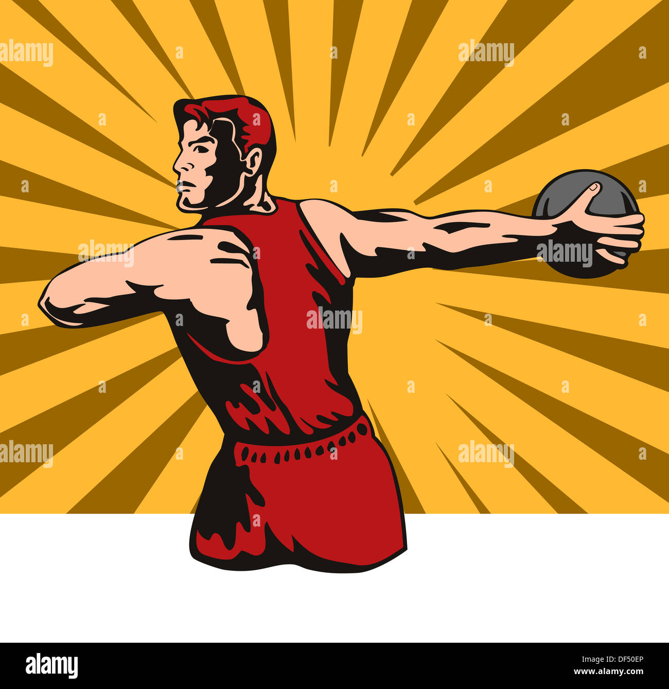 Illustration of athlete discus throwing with sunburst in the background ...