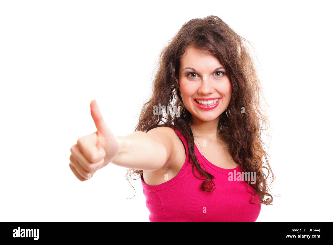 Weight loss young sporty fitness woman giving thumbs up success hand ...