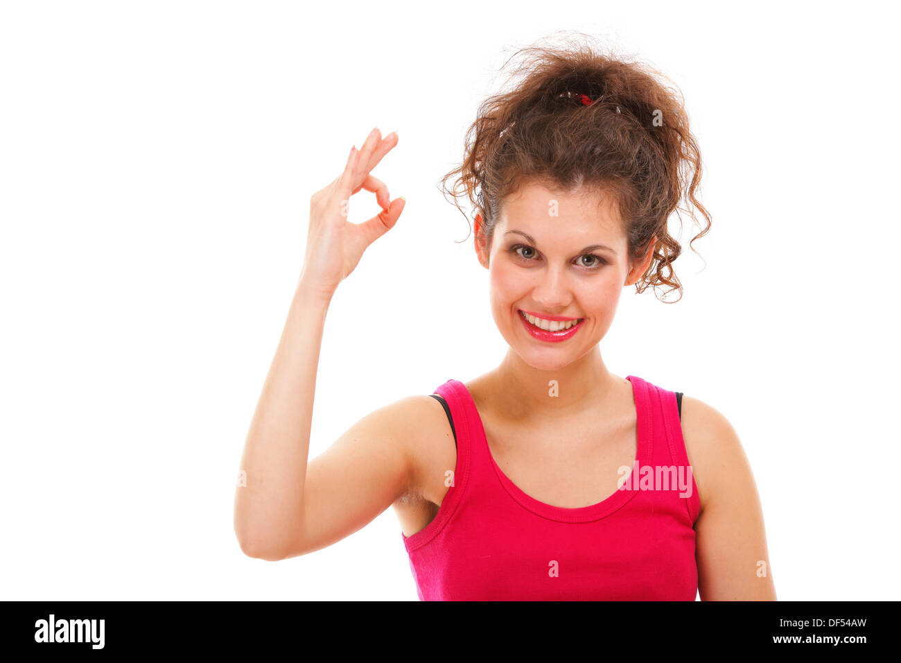 Weight loss young sporty fitness woman giving ok success hand sign ...