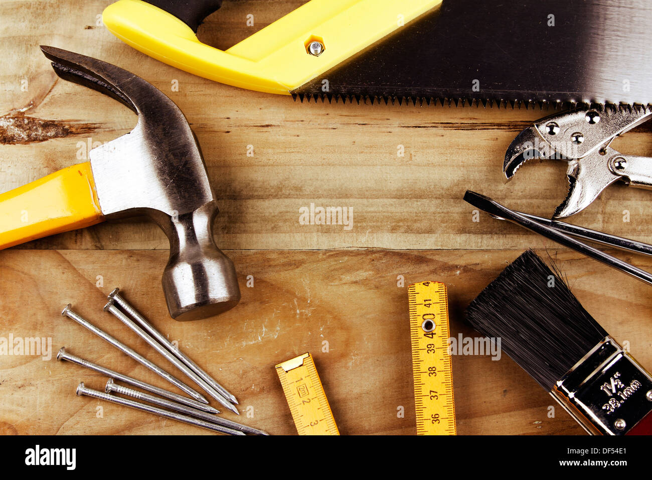 A variety of tools on wood Stock Photo - Alamy