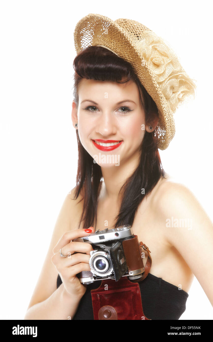 pretty retro summer girl taking picture using vintage camera white ...