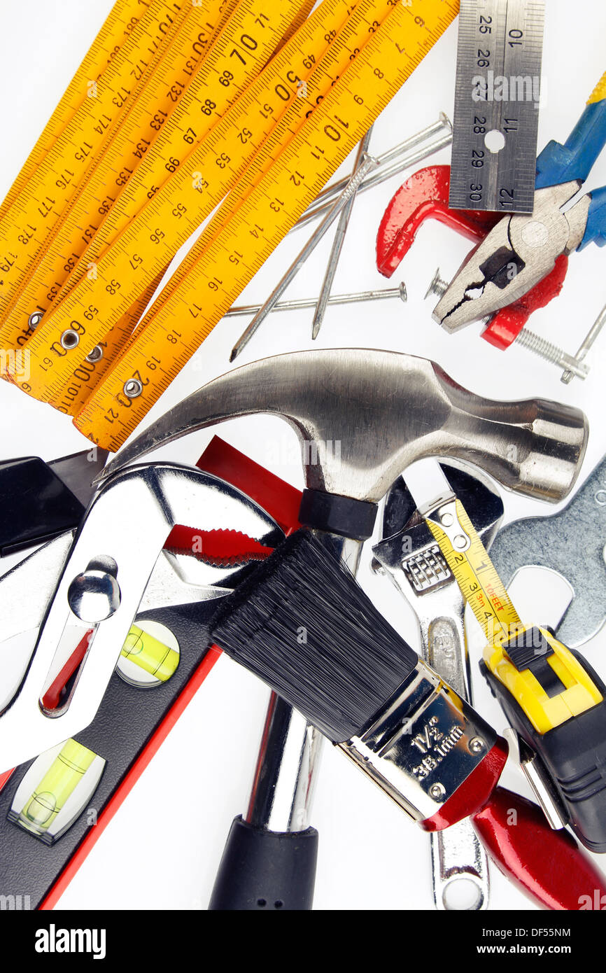 Closeup of work tools on plain background Stock Photo - Alamy