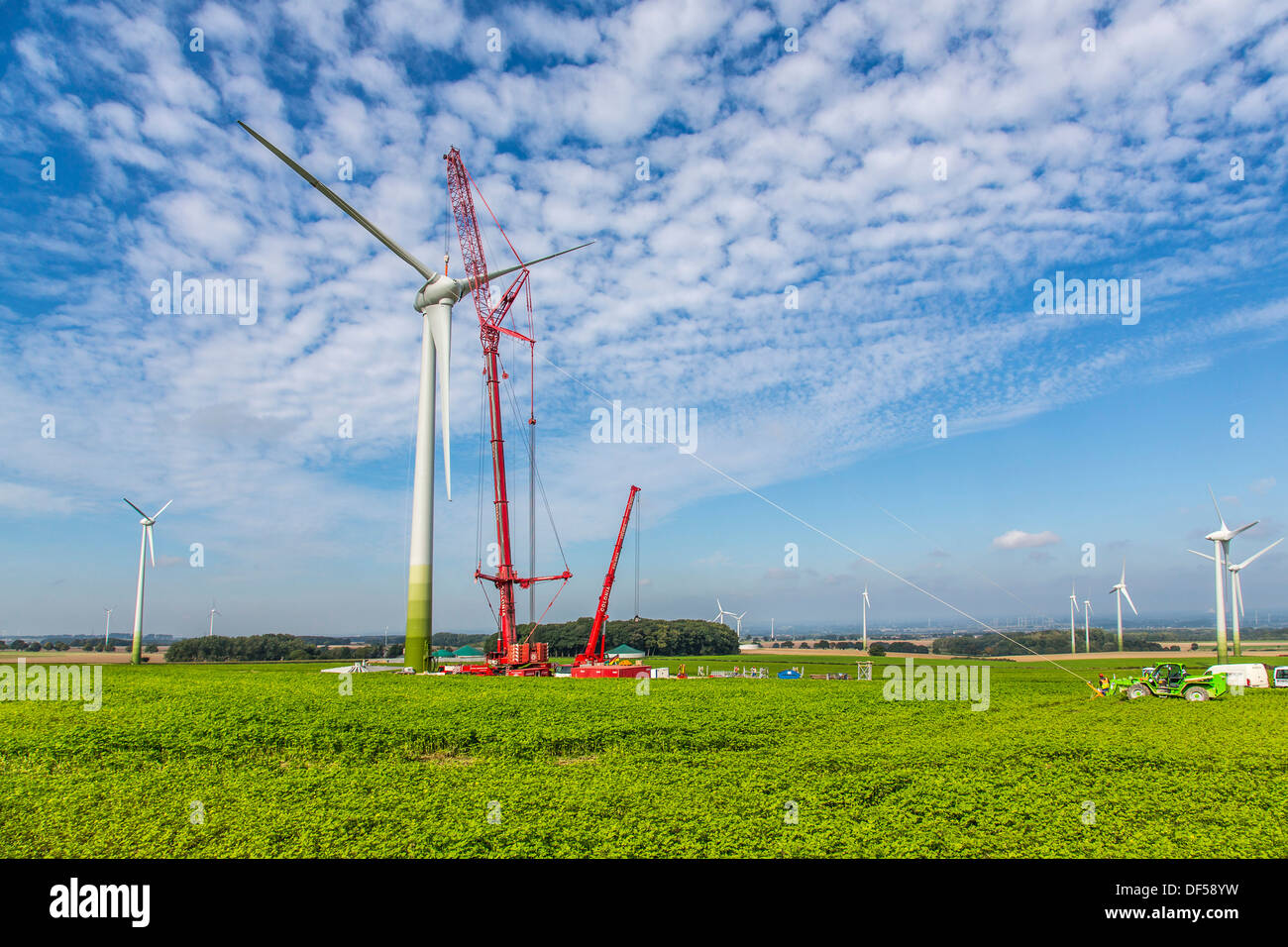 Construction, installation of a wind turbine. Wind turbines, wind farm ...