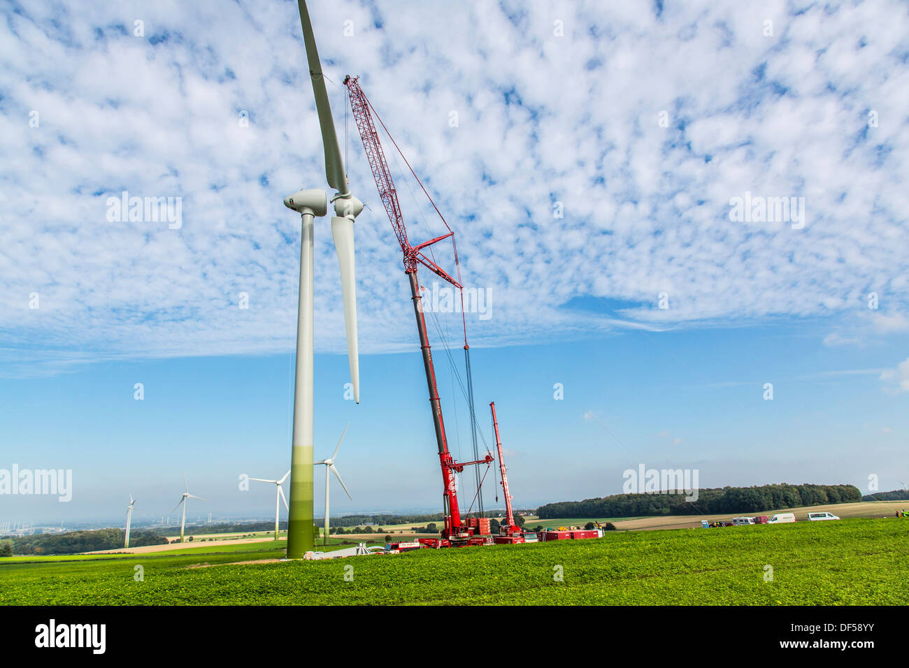 Construction, installation of a wind turbine. Wind turbines, wind farm ...