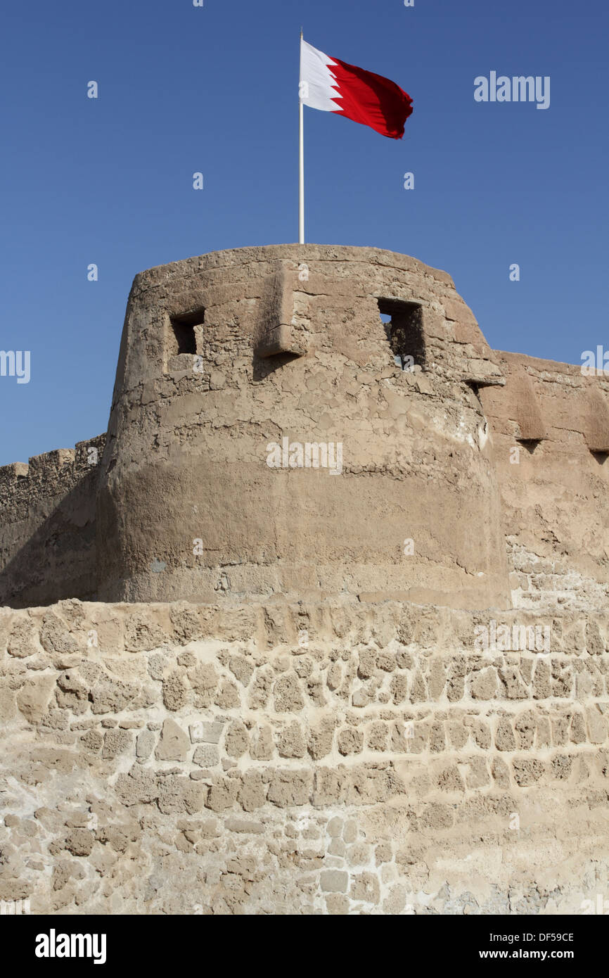 Arad Fort in Muharraq, Kingdom of Bahrain, with the Bahrain flag flying ...