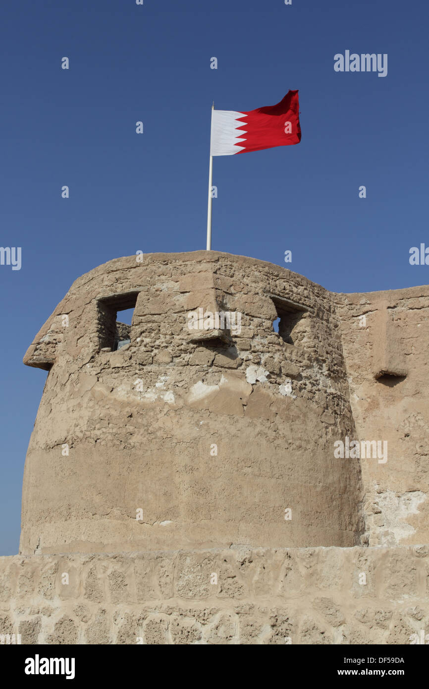 Arad Fort in Muharraq, Kingdom of Bahrain, with the Bahrain flag flying ...