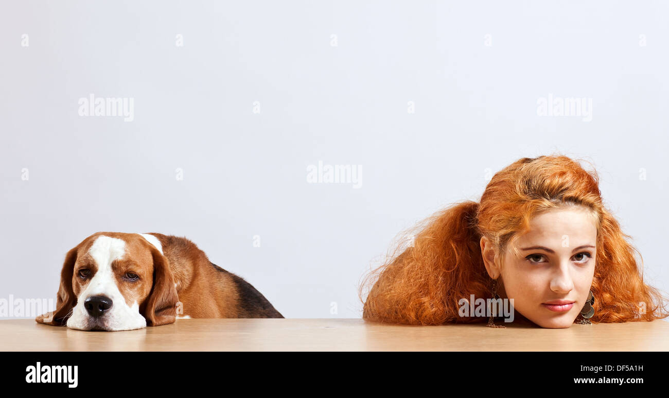 girl with red hair and cute beagle Stock Photo - Alamy