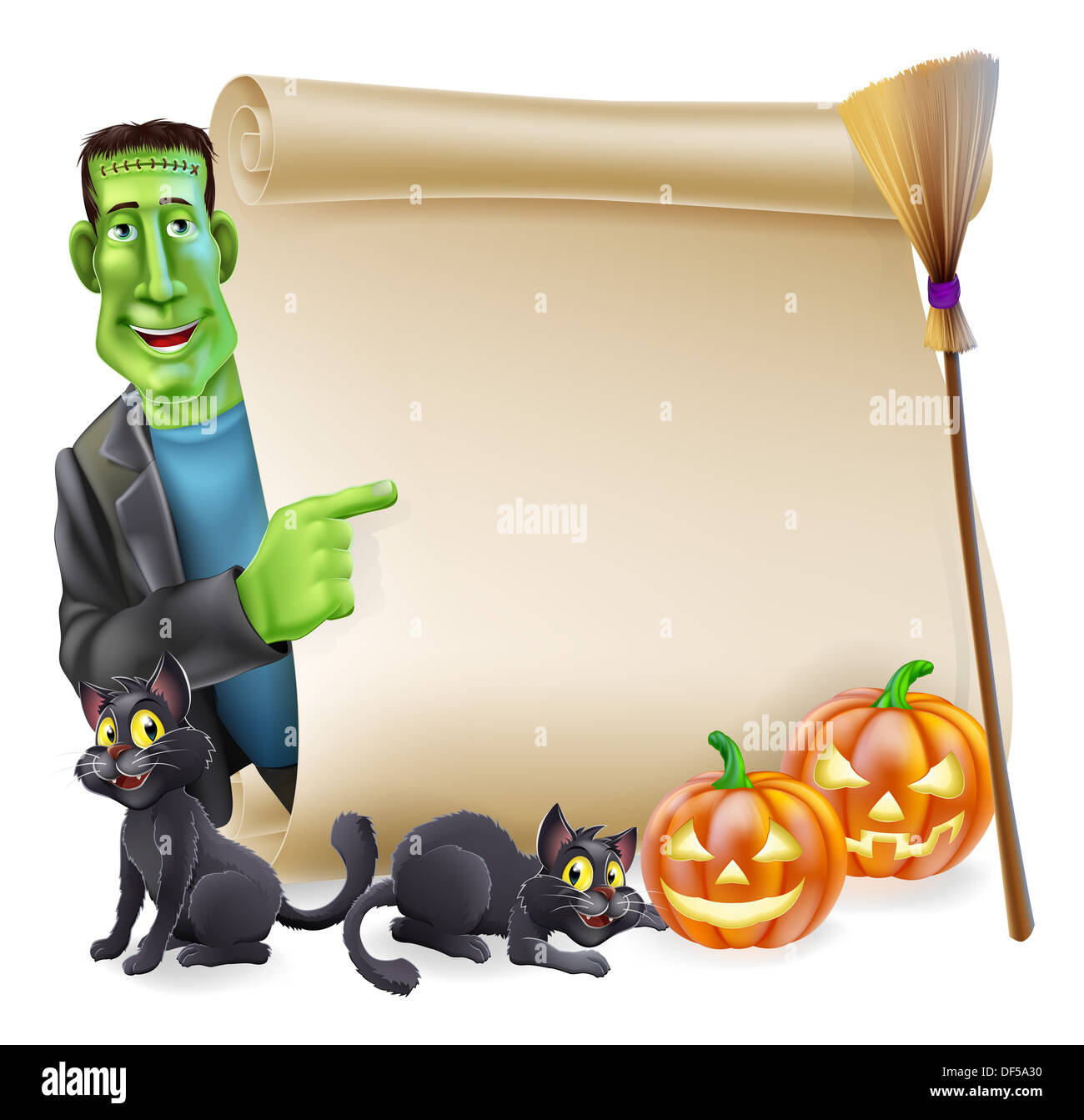 Halloween scroll or banner sign with cartoon Frankenstein monster ...
