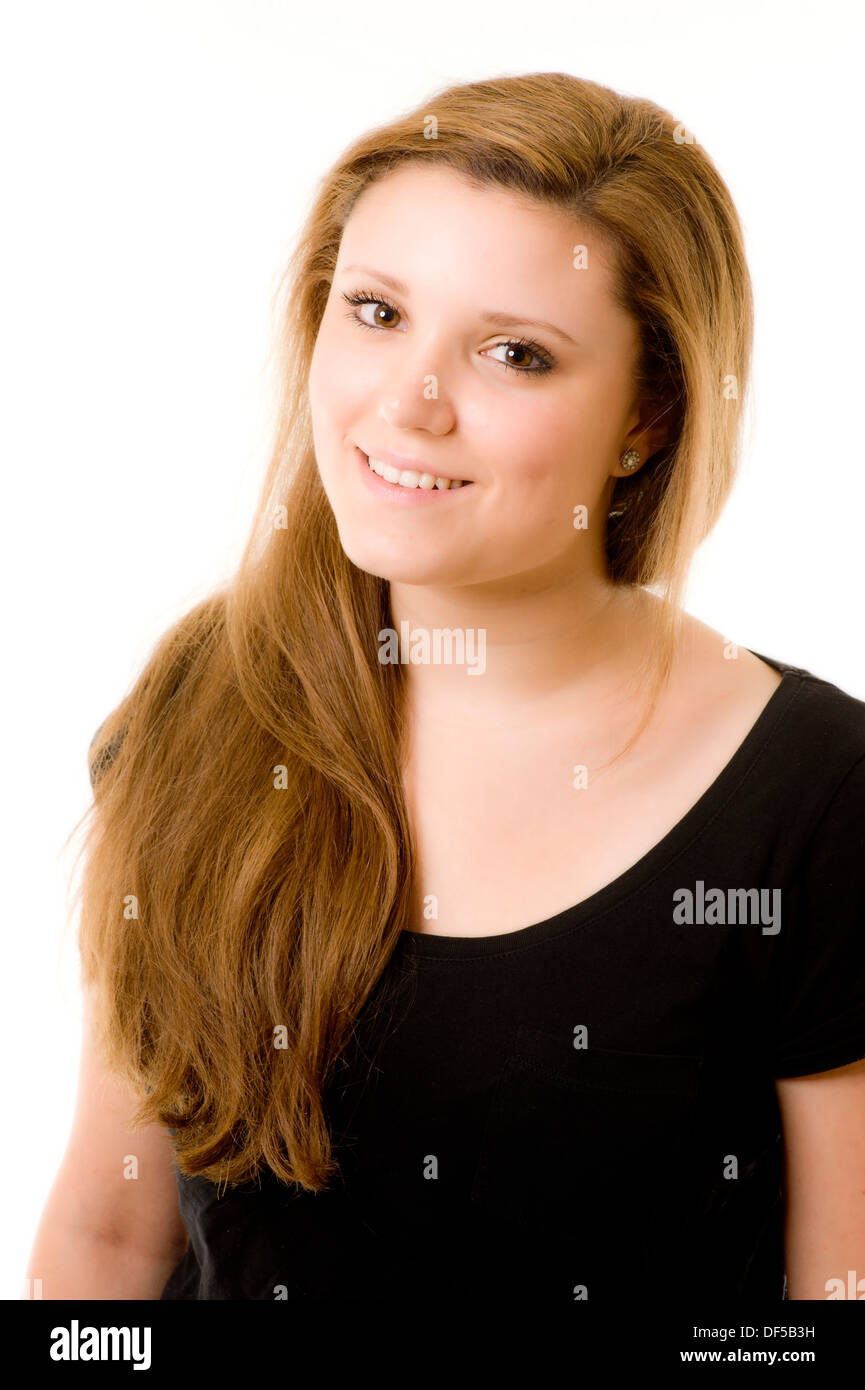 Young caucasian woman with long, light brown hair swept over her ...