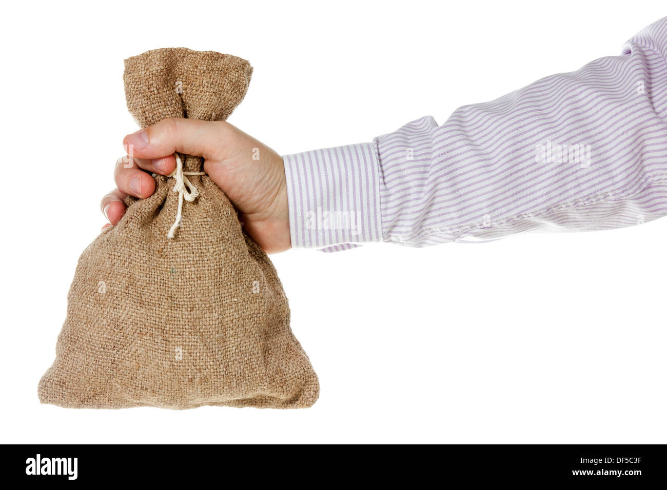 Hand with burlap sack, isolated on white background Stock Photo - Alamy