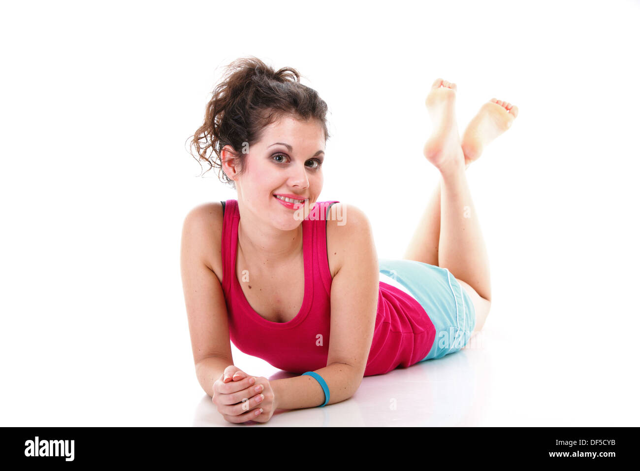 Fitness sporty happy woman after workout gym full length isolated on ...