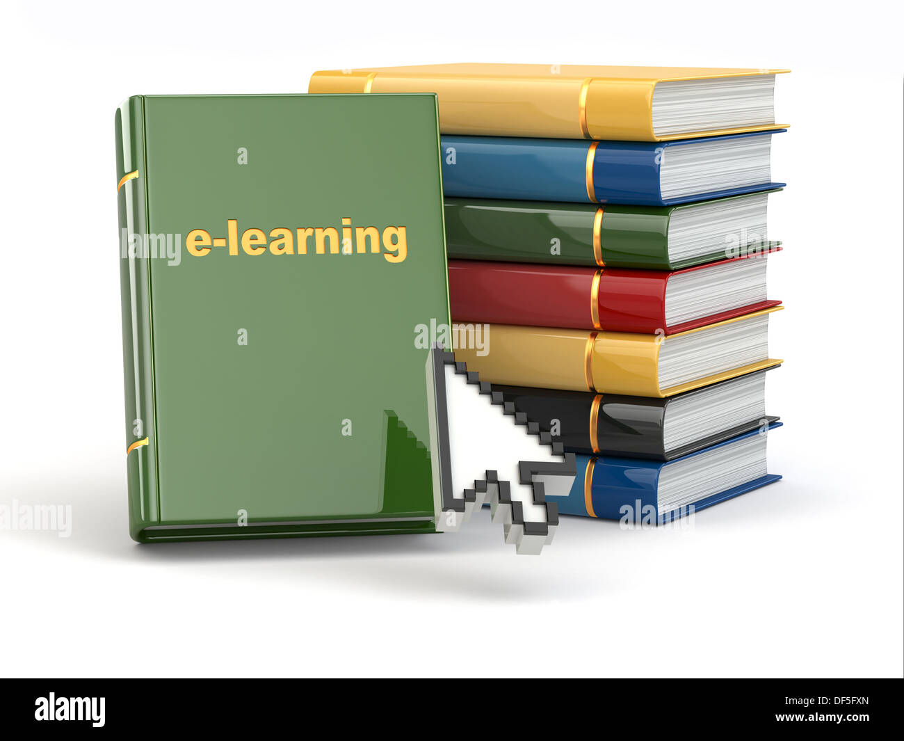 E-learning. Books and mouse cursor on white background. 3d Stock Photo ...