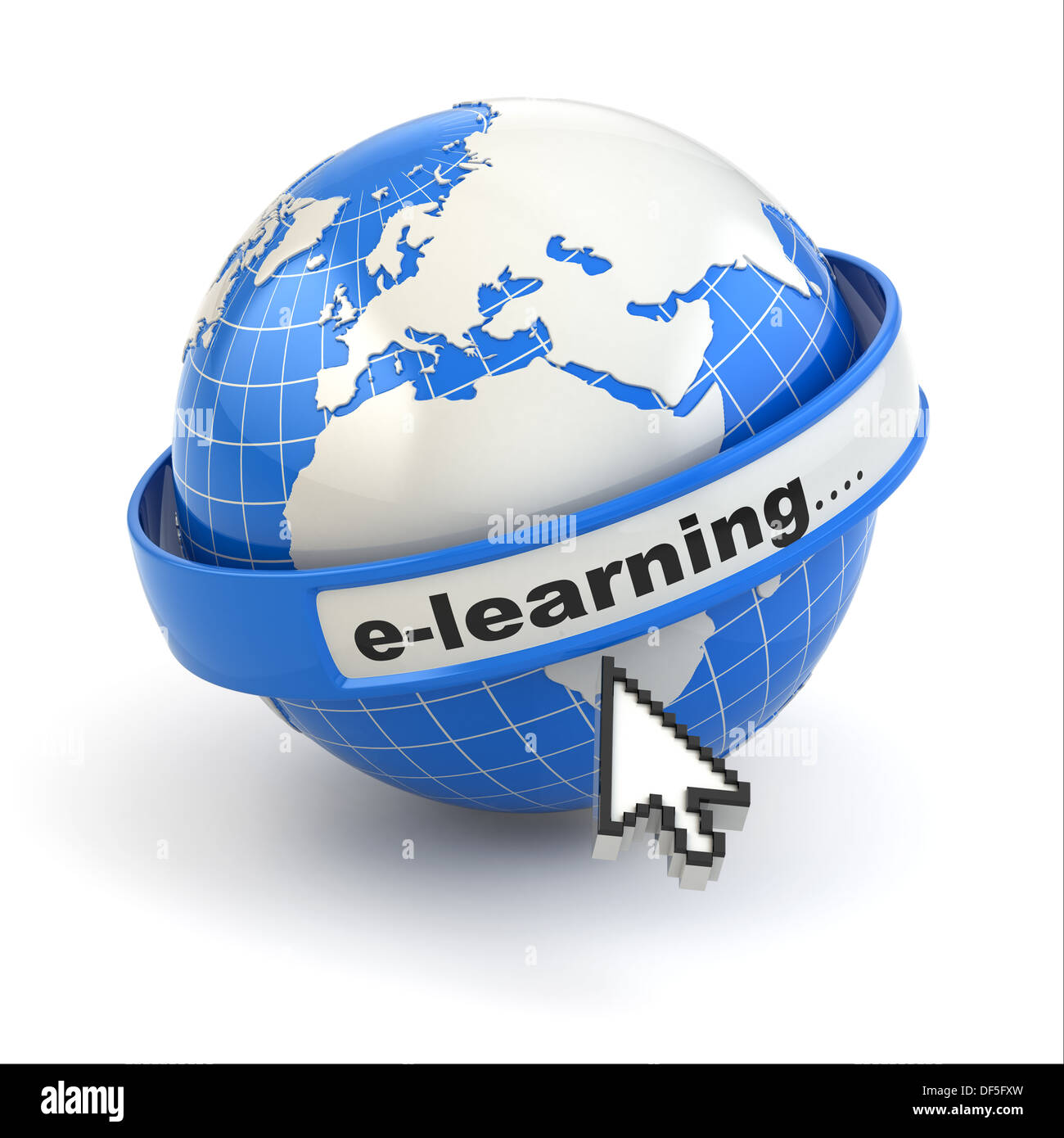 E-learning. Earth and mouse cursor on white background. 3d Stock Photo ...