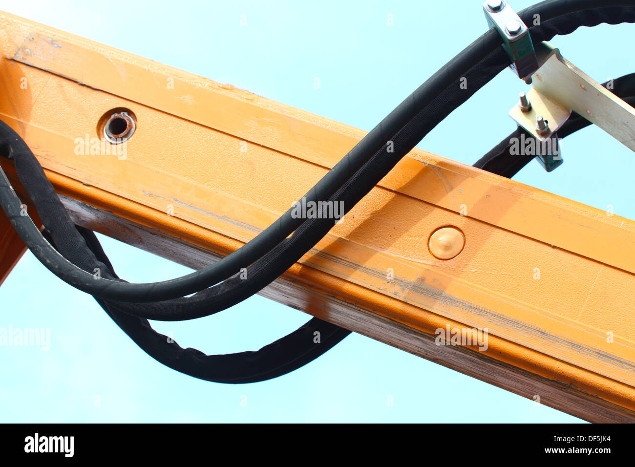 Detail of hydraulic bulldozer excavator arm construction machinery sky ...