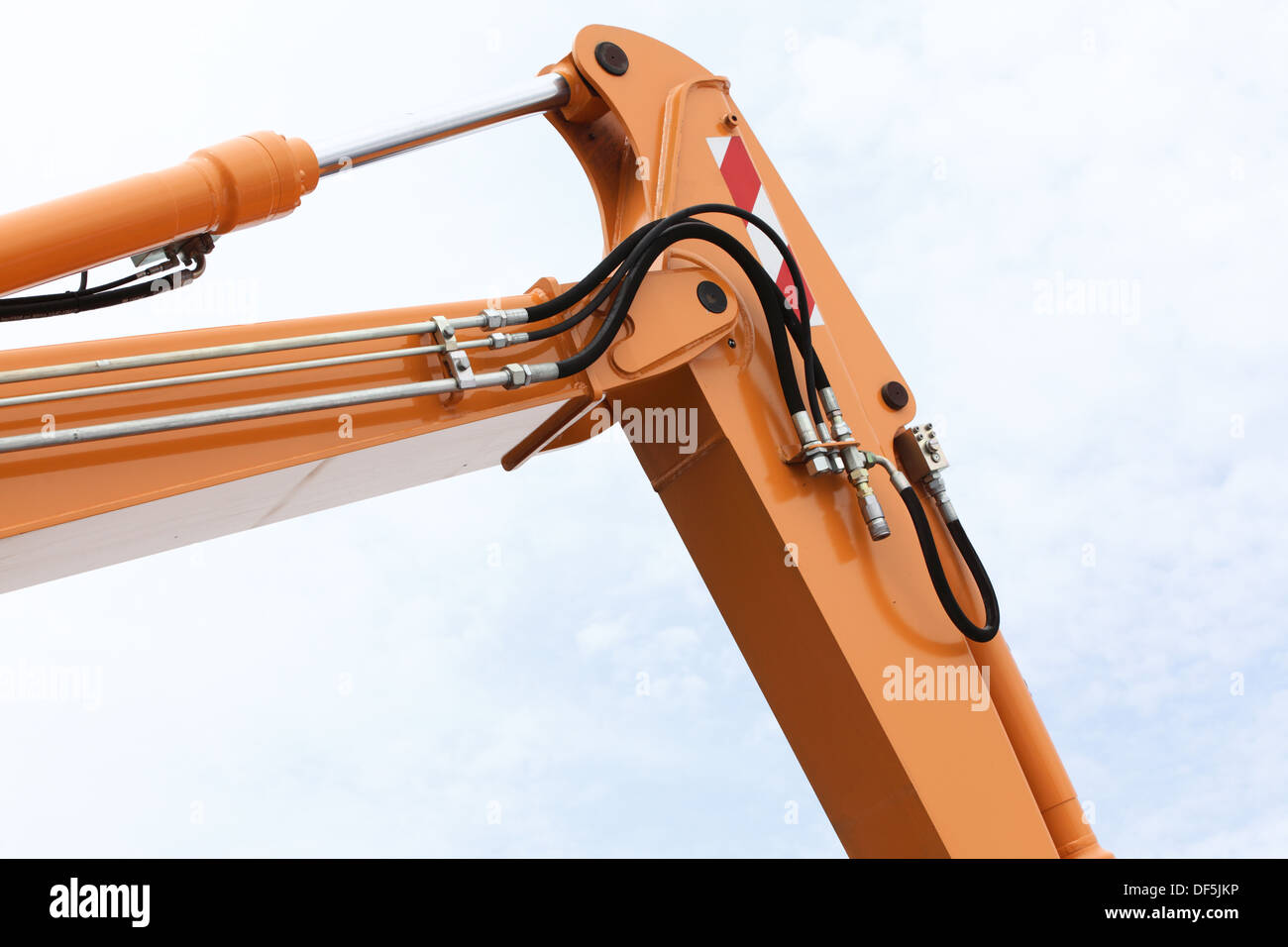 Detail of hydraulic bulldozer excavator arm construction machinery sky ...