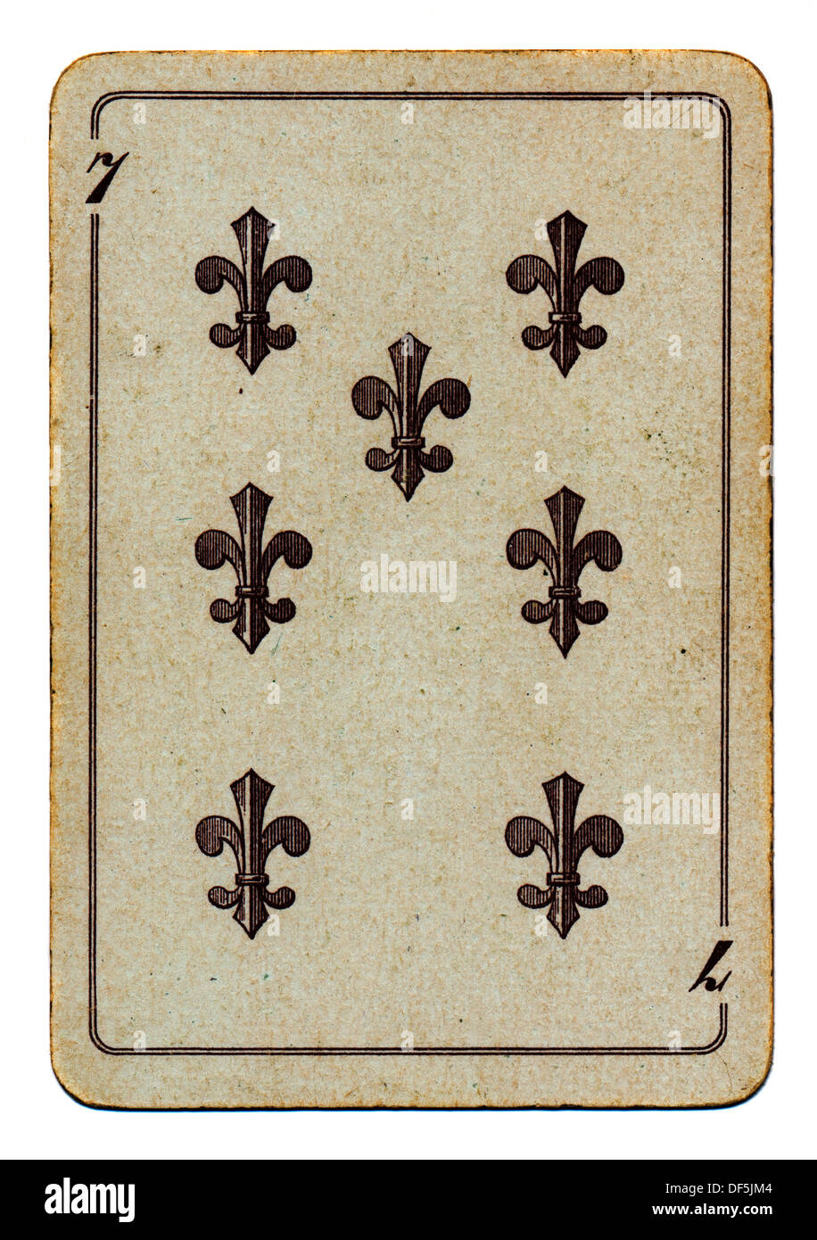 old used grunge playing card with number seven isolated on white Stock ...