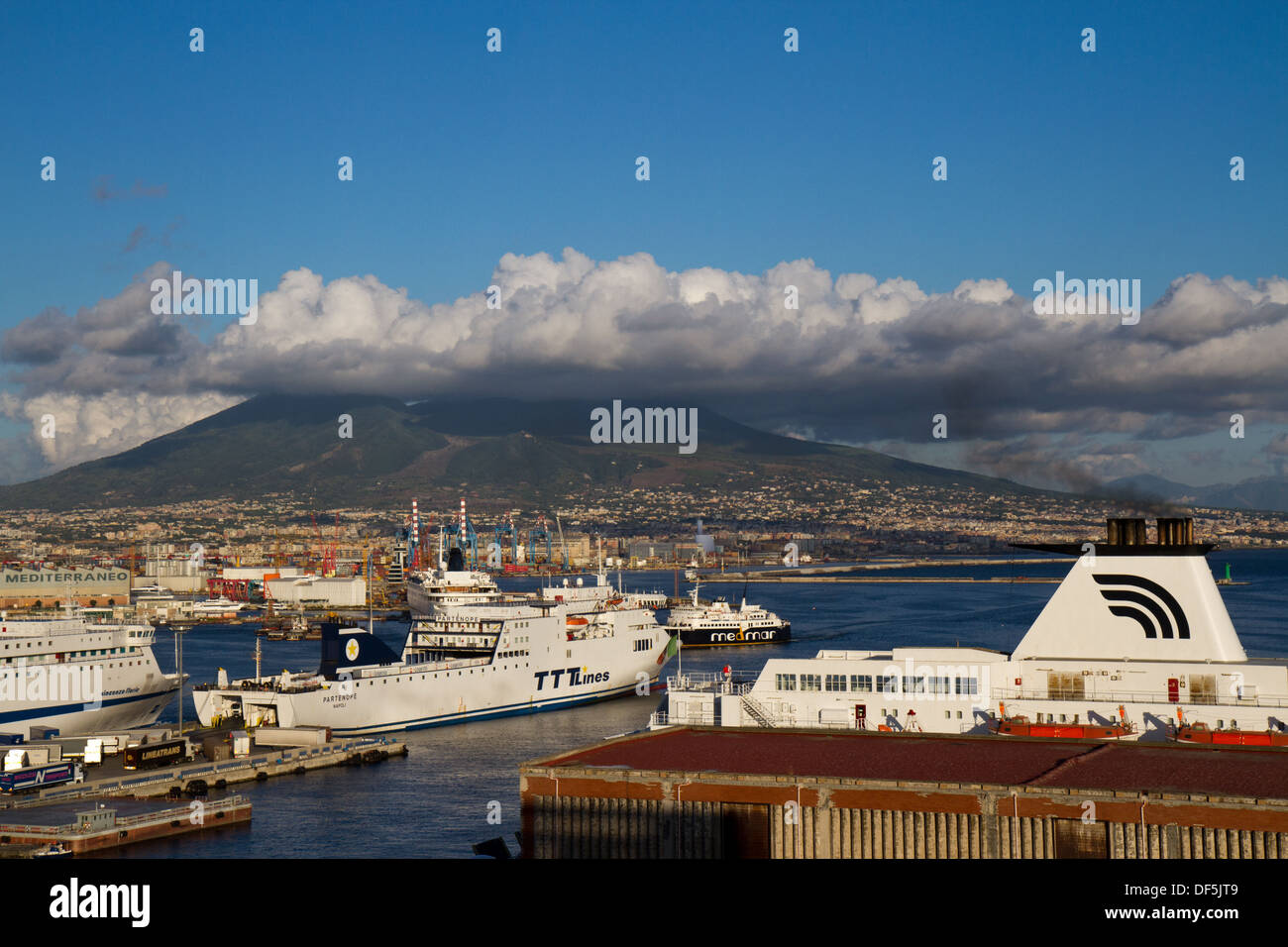 View of Mount Vesuvius over the Bay of Naples, Ferry Port Stock Photo ...