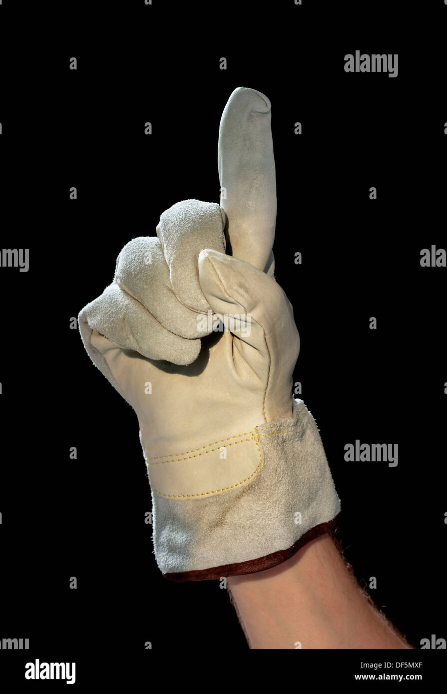 Hand with work glove pointing with index finger Stock Photo - Alamy