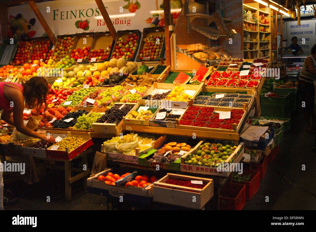 Fruit and vegetables on an indoor market stall, Stuttgart, Baden ...
