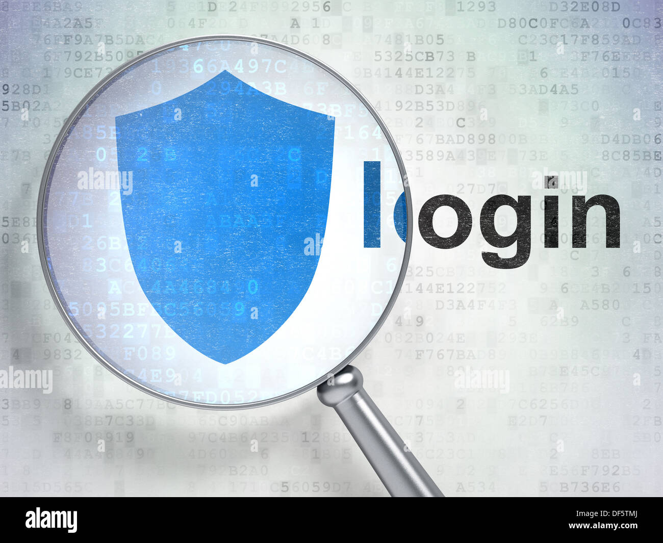 Magnifying glass with shield icon and login Stock Photo - Alamy