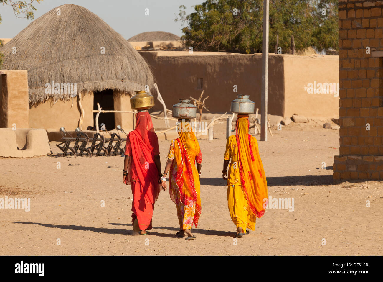 India, Rajasthan, Thar Desert, Three Indian women carrying water back ...