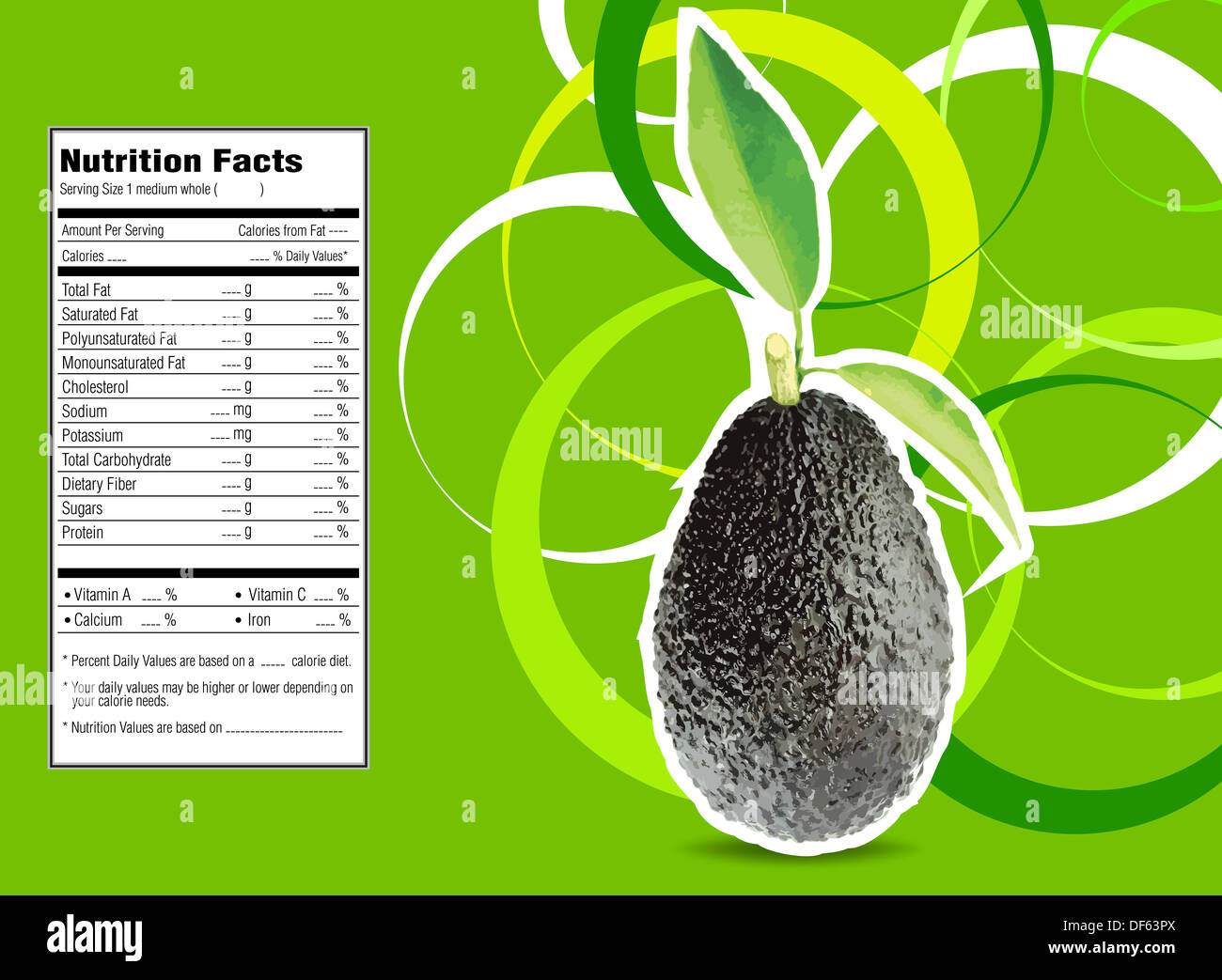 Creative Design for Avocados with leaves and Nutrition facts label ...