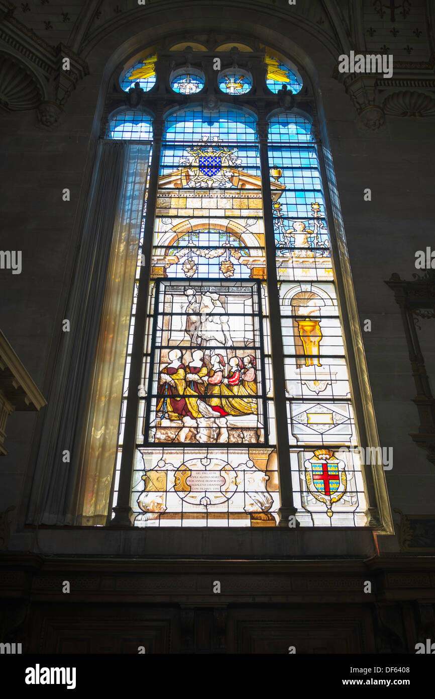 Stained glass window in the chapel of the Chateau de Chantilly ...