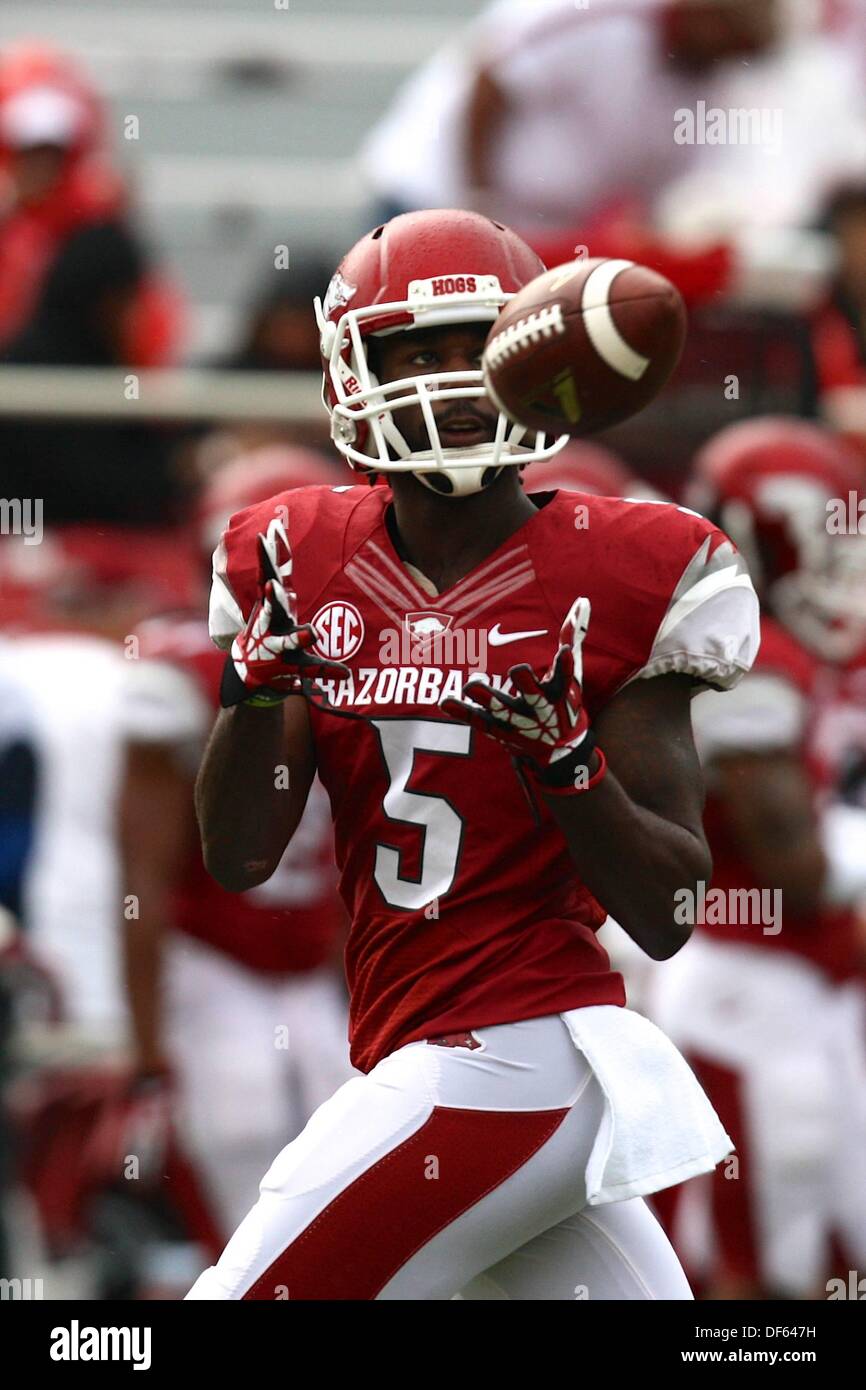 Sept. 28, 2013: Arkansas wide receiver Eric Hawkins #5 looks in a ball ...