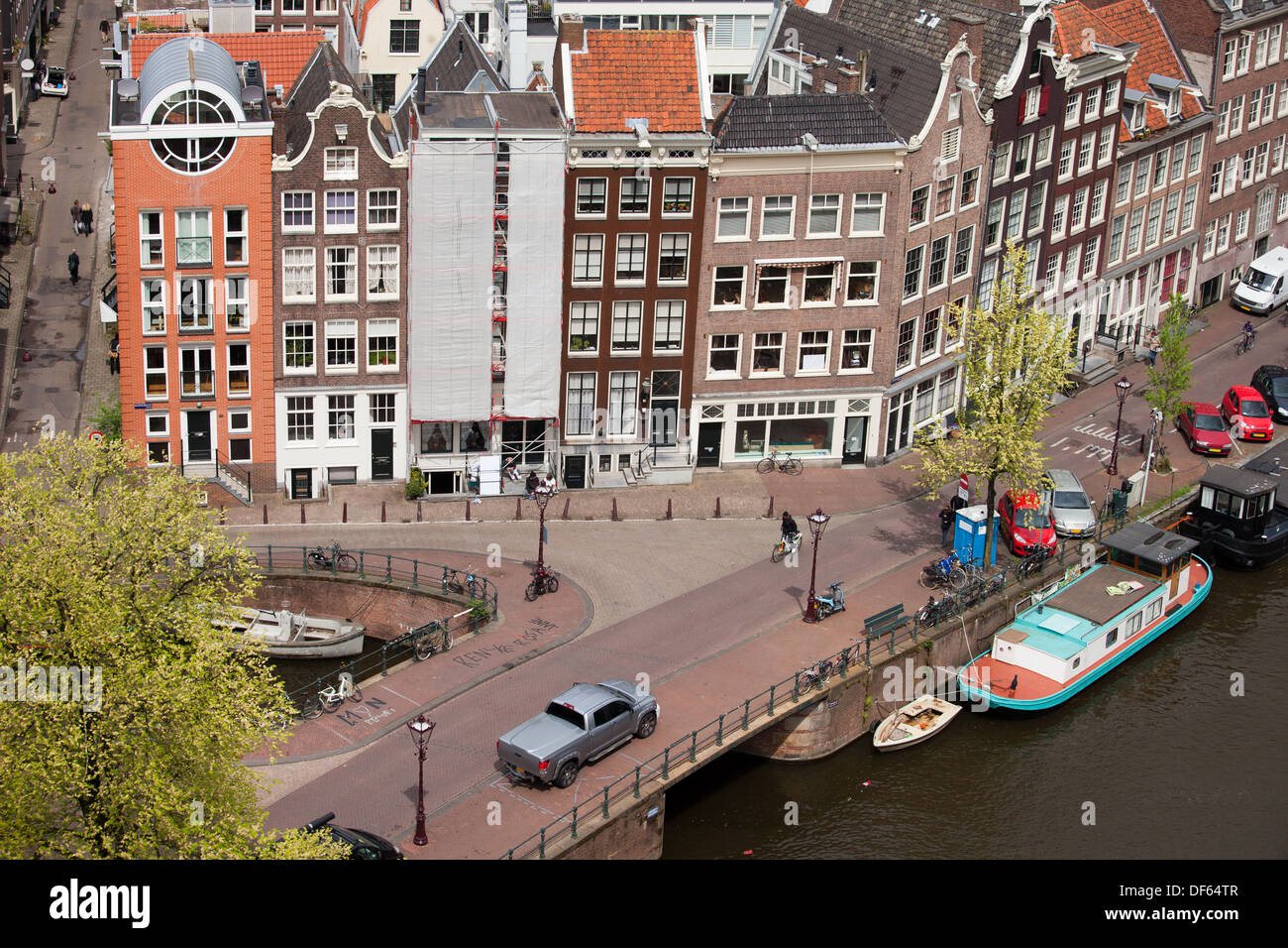 City of Amsterdam, historic row houses from above, corner of ...