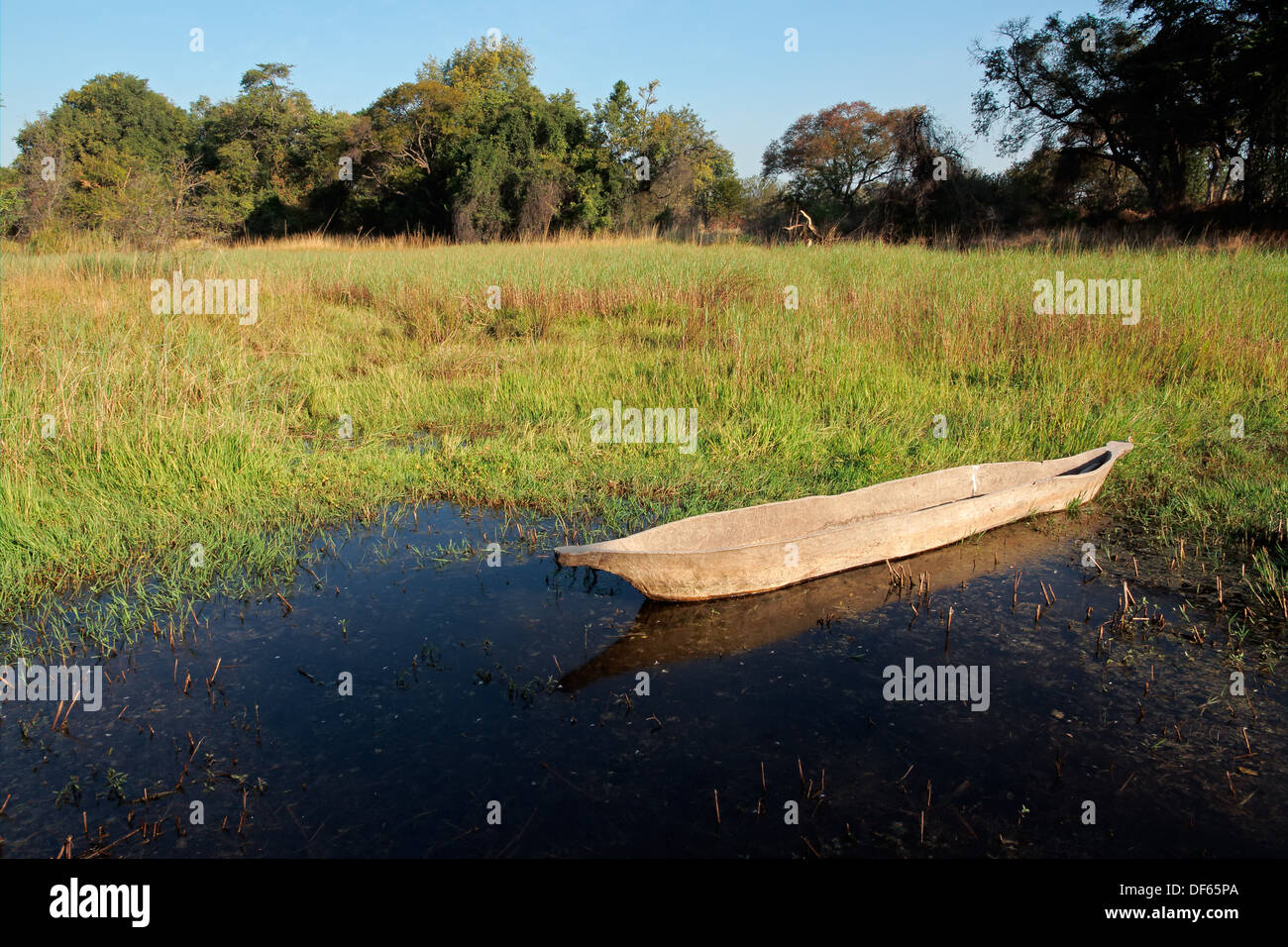 Traditional wooden makoro boat in shallow water, Caprivi region ...