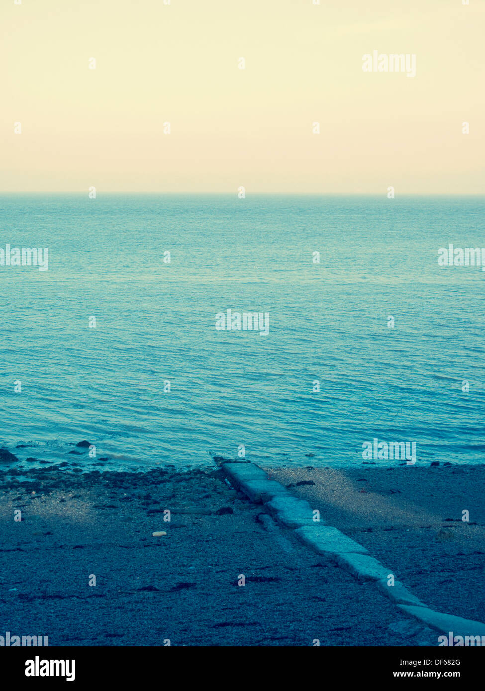 Shoreline seashore slipway old ancient sea horizon shingle beach ...