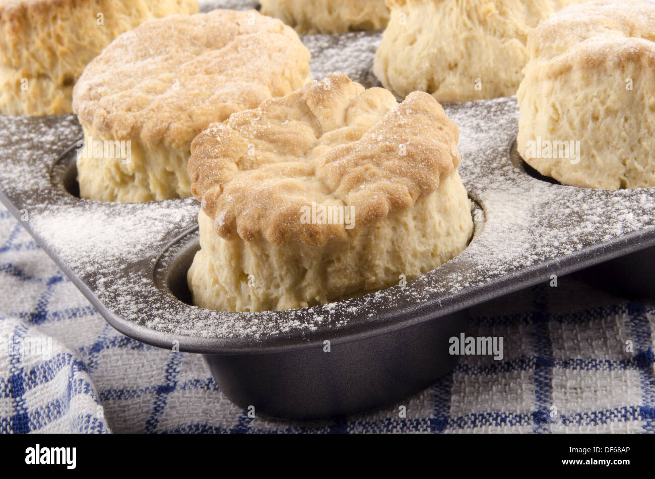 freshly baked scone in a baking tin with flour on blue and white ...