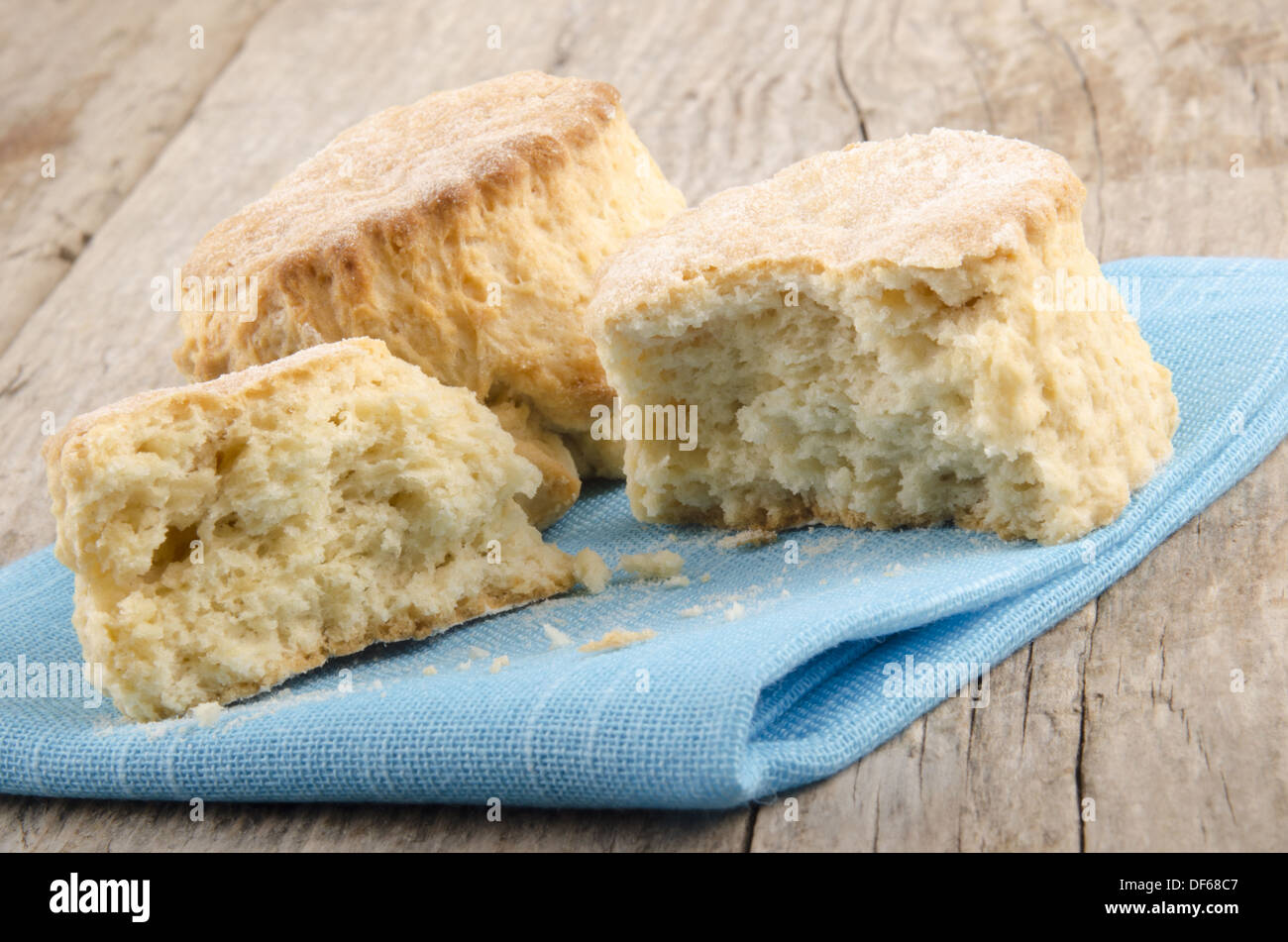 home made scone on a light blue towel Stock Photo - Alamy