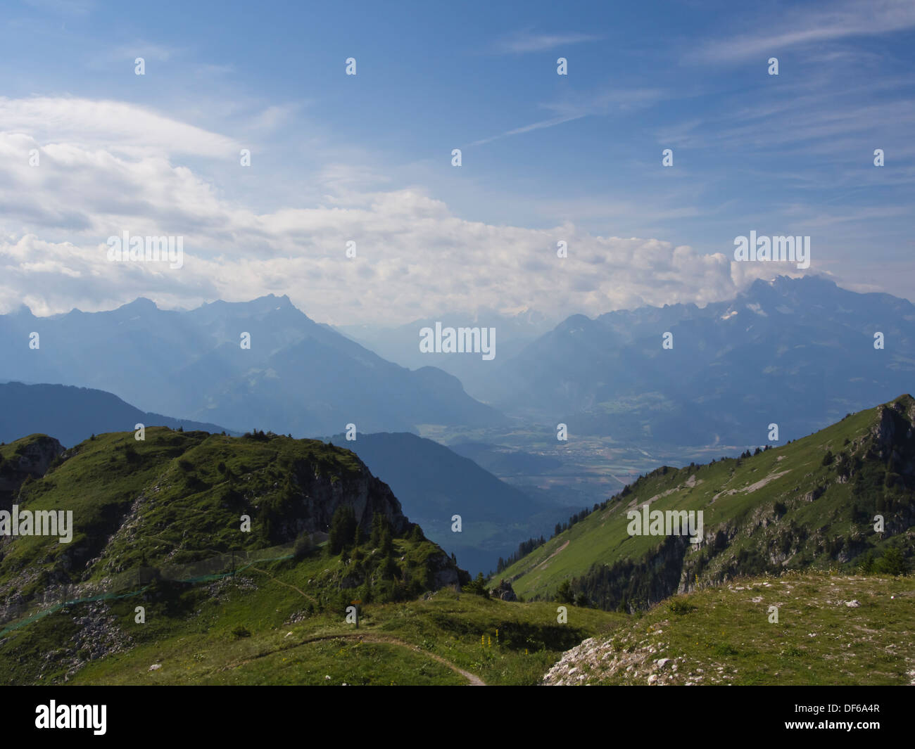 Panorama view over the Rhone valley near Aigles in Switzerland seen ...
