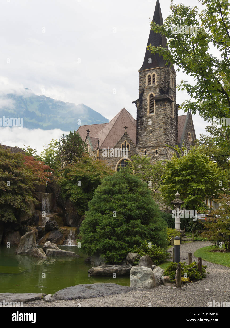 Interlaken Switzerland, church with park and Japanese garden and pond ...