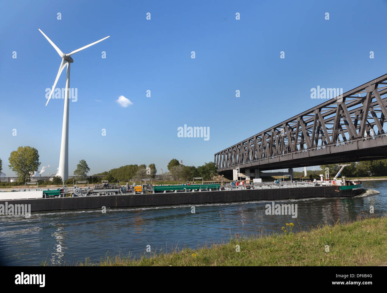3000 Ton tanker barge sailing on the canal from Antwerp Port to the ...