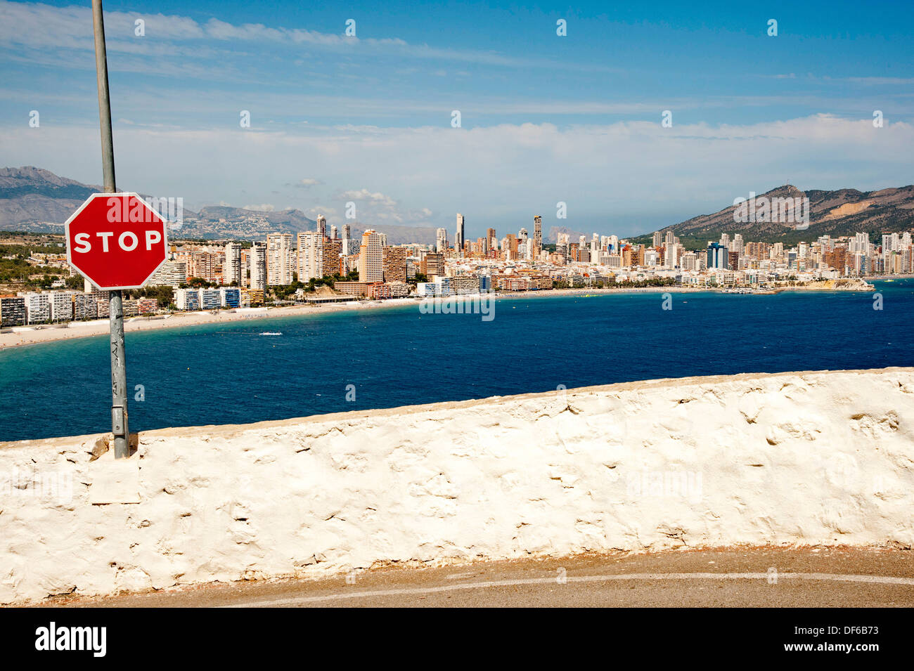 Stop sign in front of high-rises in Benidorm, Alicante Province, Spain ...