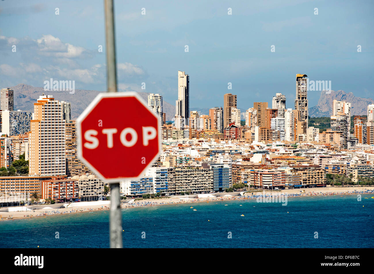 Stop sign in front of high-rises in Benidorm, Alicante Province, Spain ...