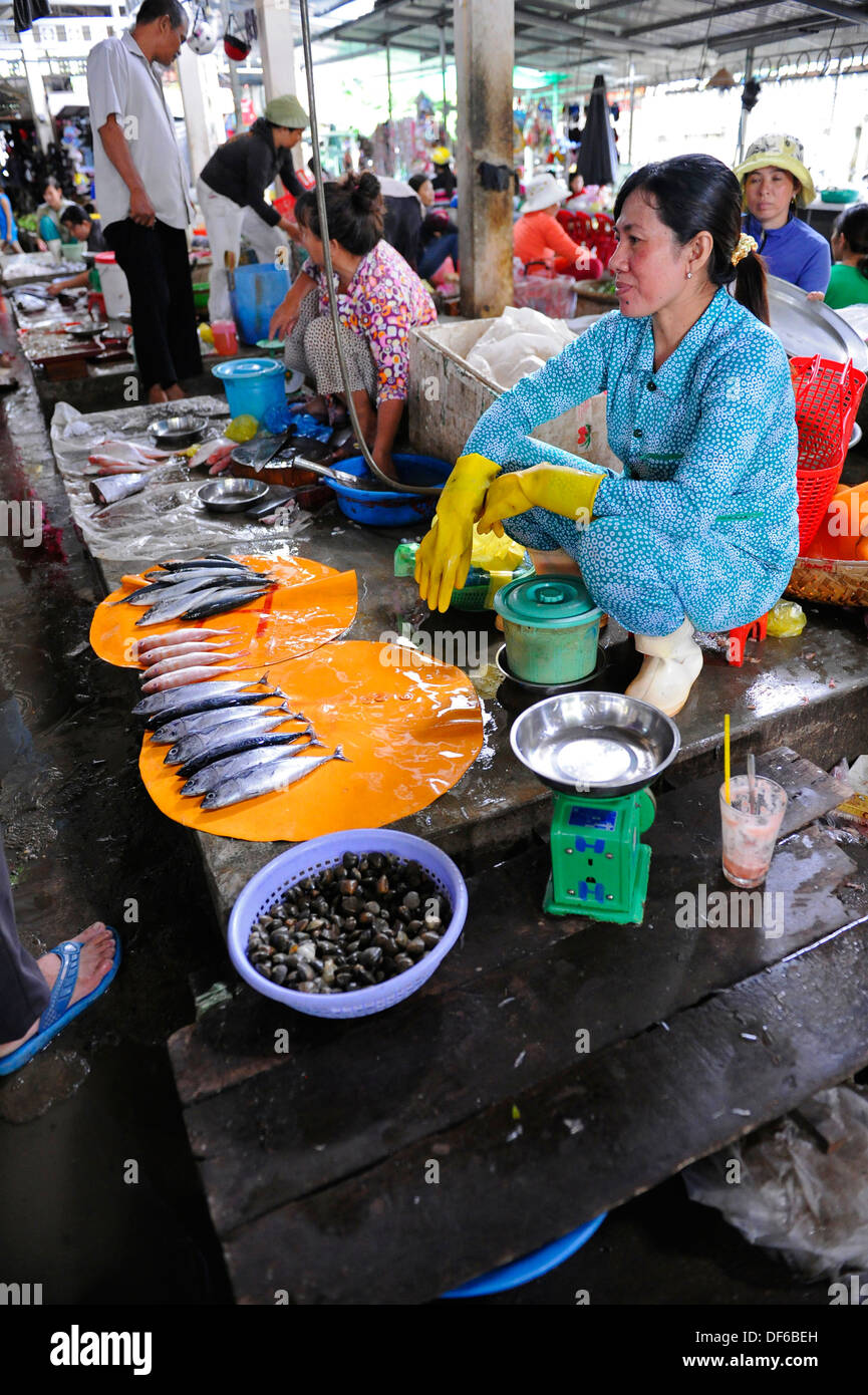 Indoor Vietnamese village market selling fruit, vegetables, fish and ...