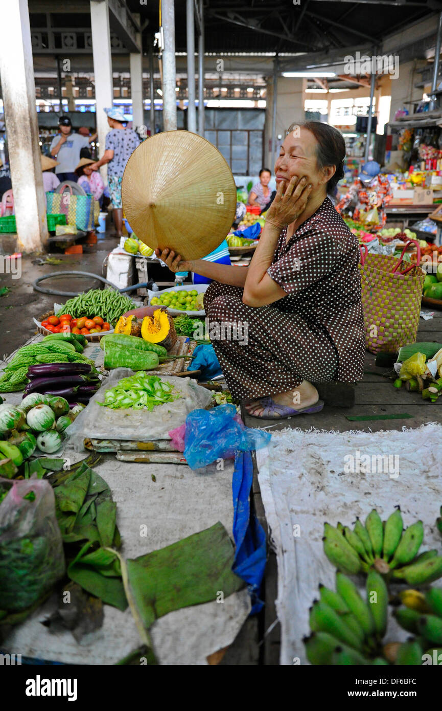 Indoor Vietnamese village market selling fruit, vegetables, fish and ...