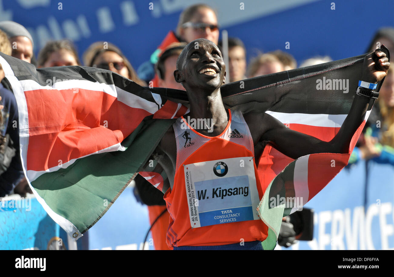 First place runner Wilson Kipsang right after crossing the finish line ...