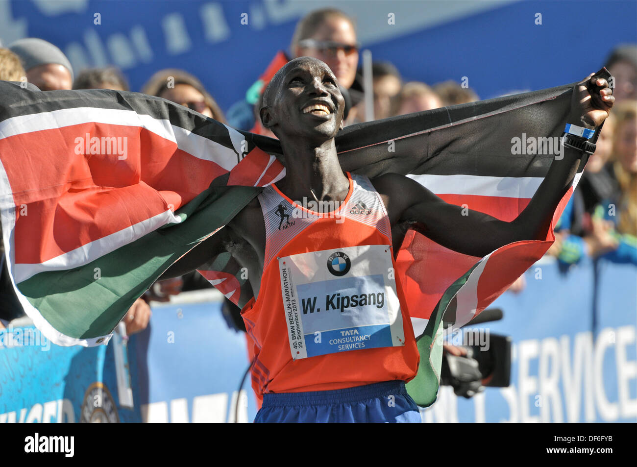First place runner Wilson Kipsang right after crossing the finish line ...