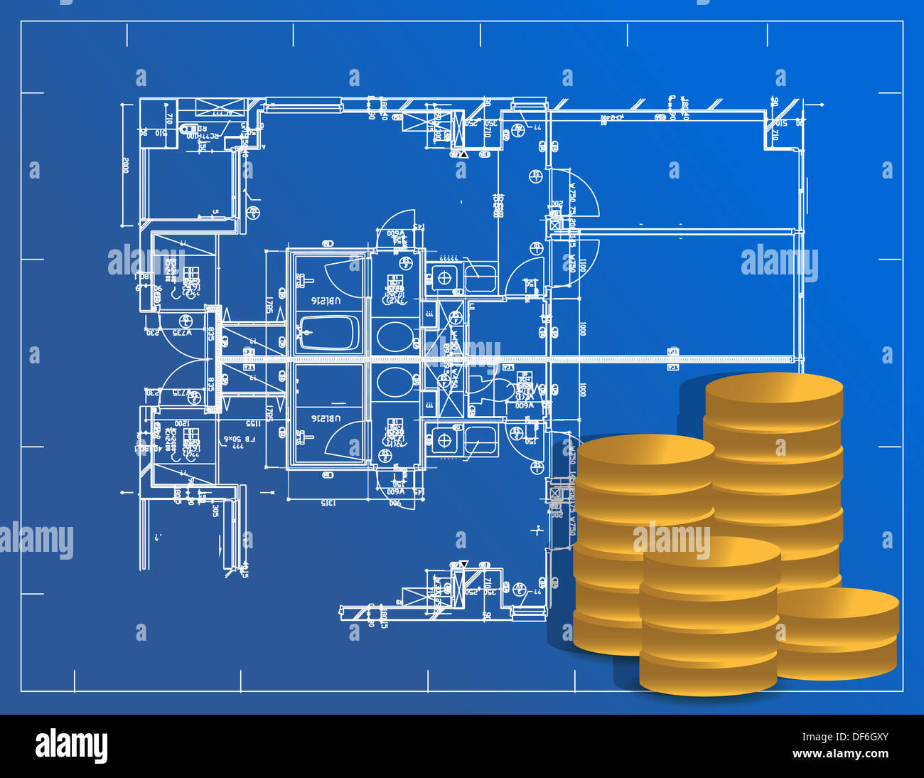 detailed blueprint and coins illustration design Stock Photo - Alamy