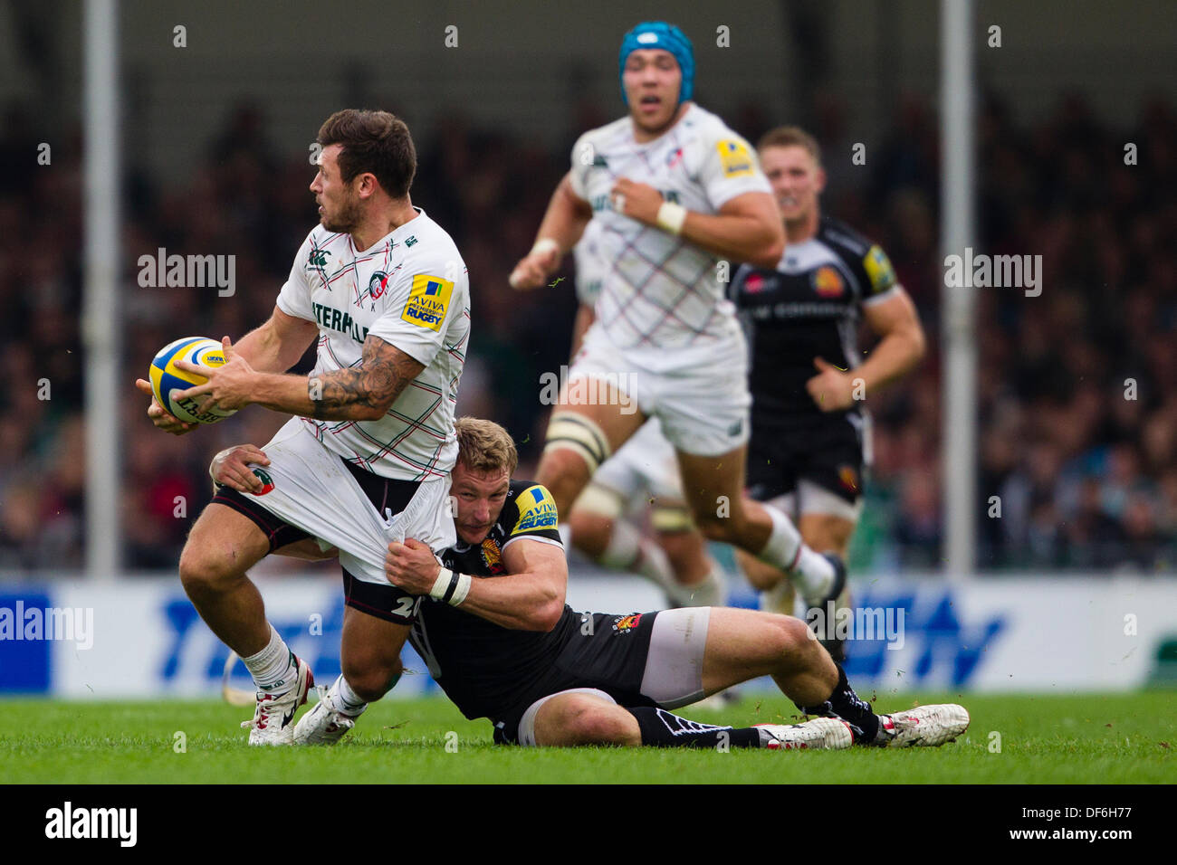 Exeter, UK. 29th Sept 2013. Leicester's Adam Thompstone looks to ...