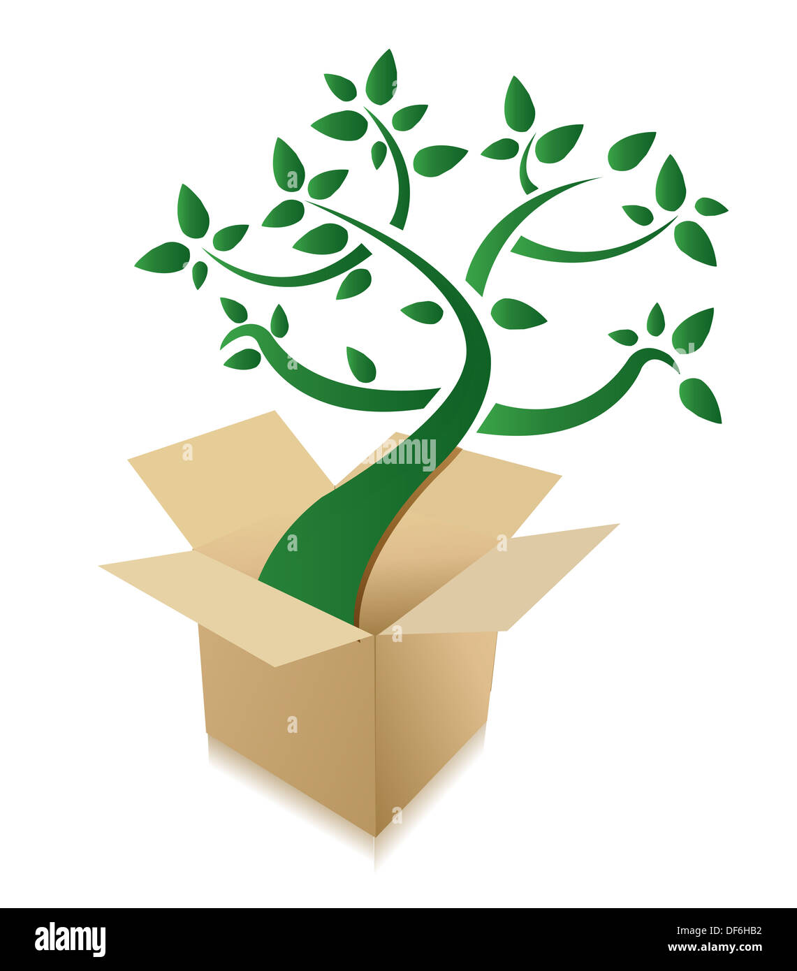abstract green tree growing out of cardboard box on white background ...