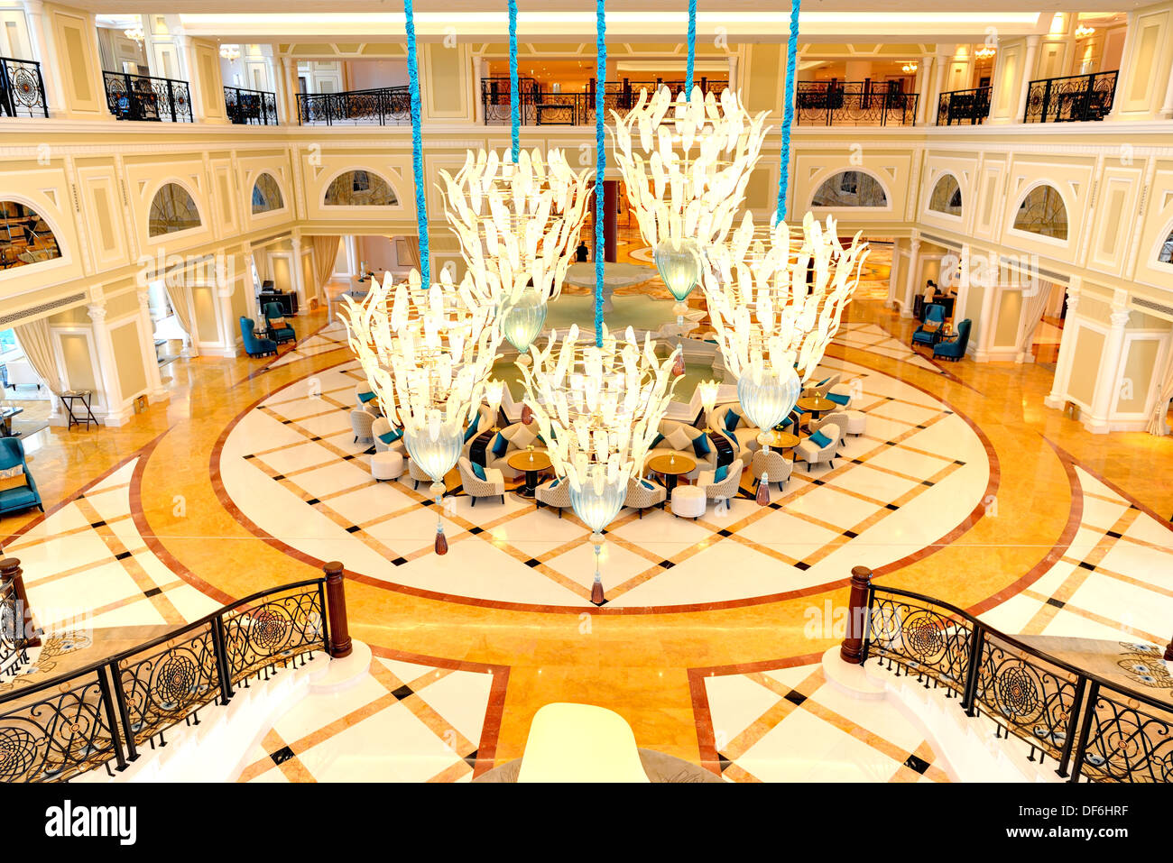 Lobby interior of the luxury hotel in night illumination, Ras Al ...